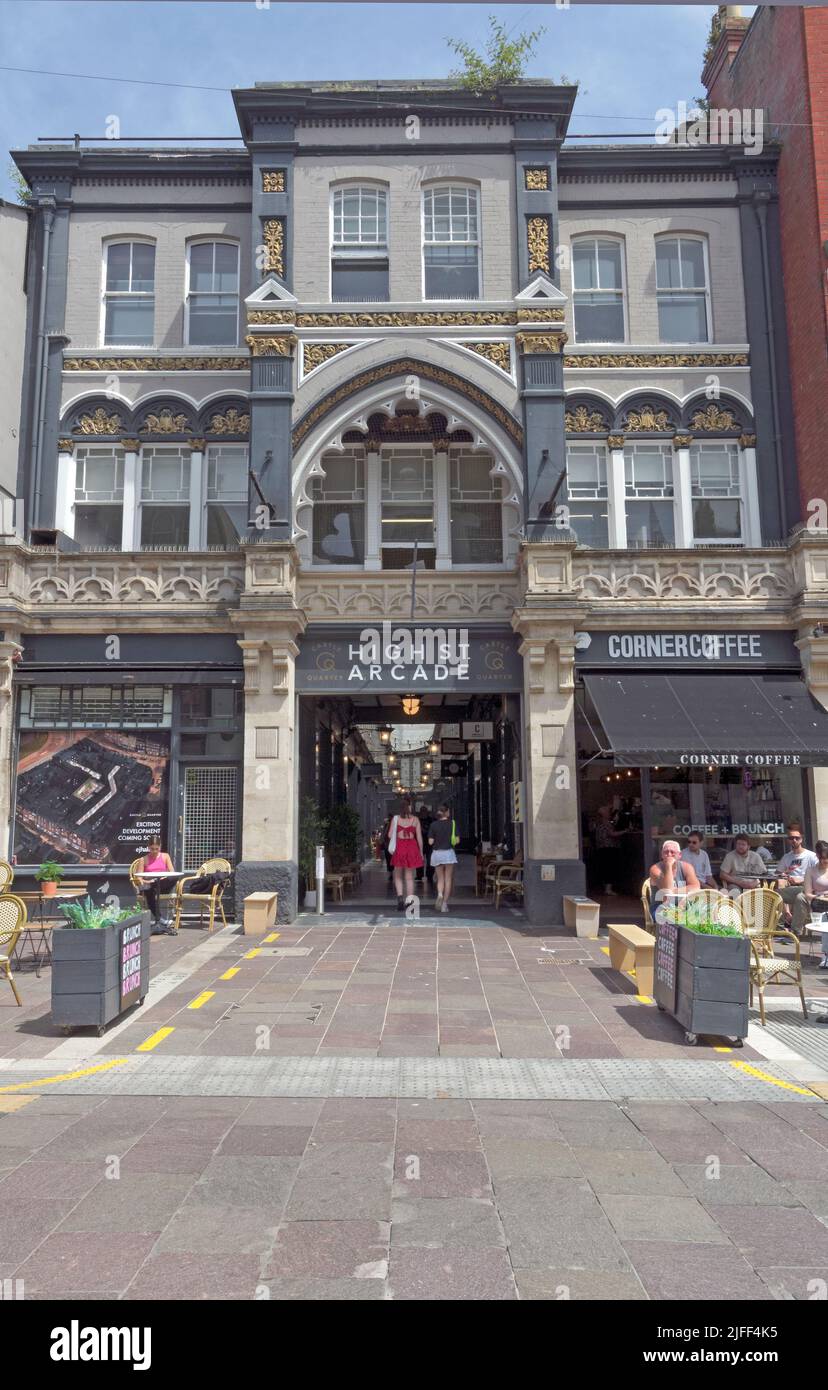 Entrance to High Street Arcade, Cardiff, June 2022. With people ...