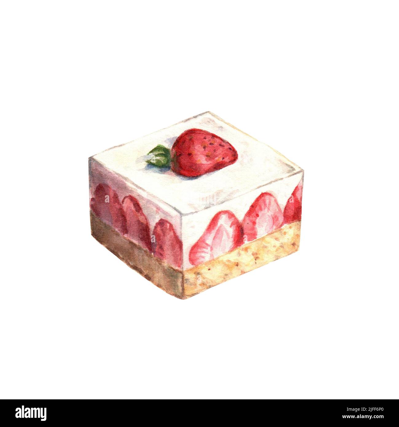 Strawberry mousse and sponge cake isolated on white. Hand painted ...