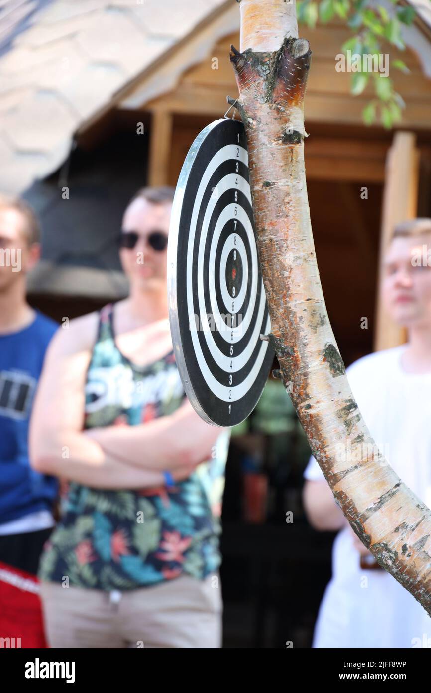 Photo of a dart board hanging from a tree Stock Photo - Alamy