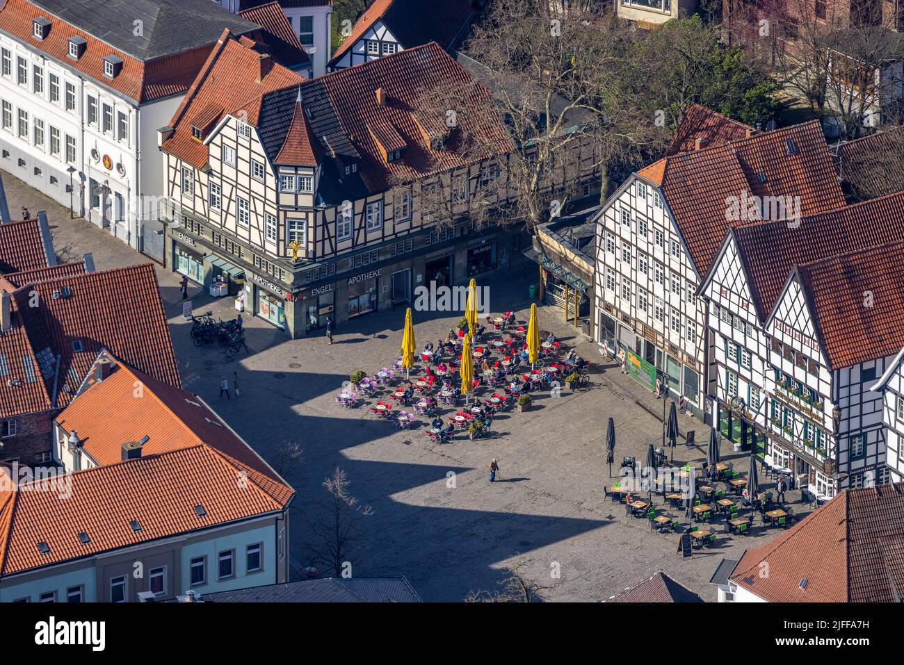 Aerial view, market place Soest with outdoor gastronomy and half ...