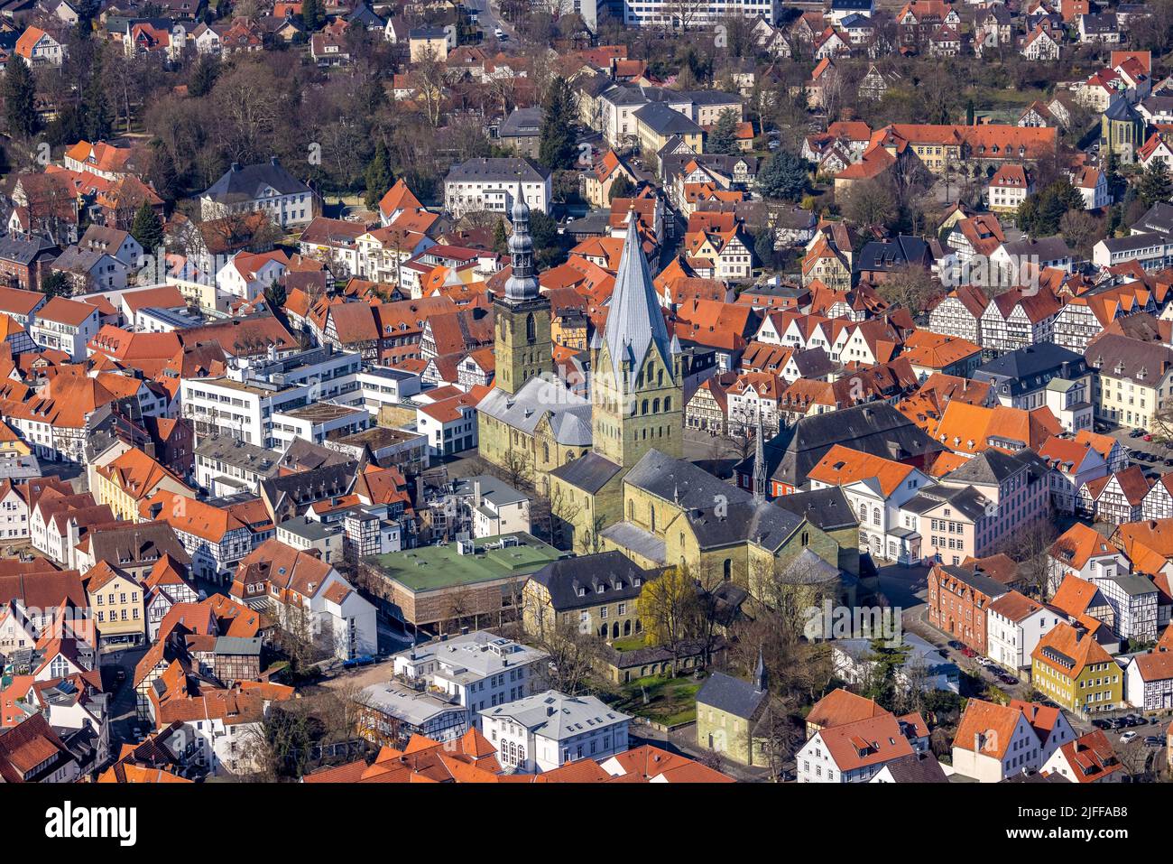 Aerial view, catholic church St. Patrokli-Dom and St. Petri Kirche ...