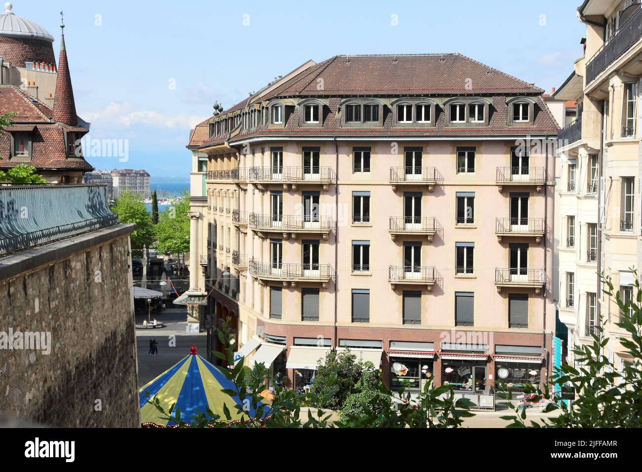 Cityscape with view of the windows and roofs of Geneva city ...