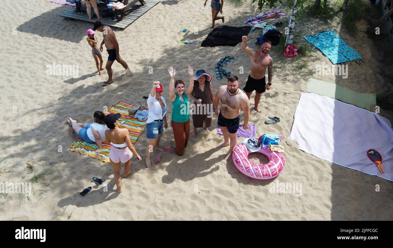 Drone photo of people resting on beach Stock Photo - Alamy
