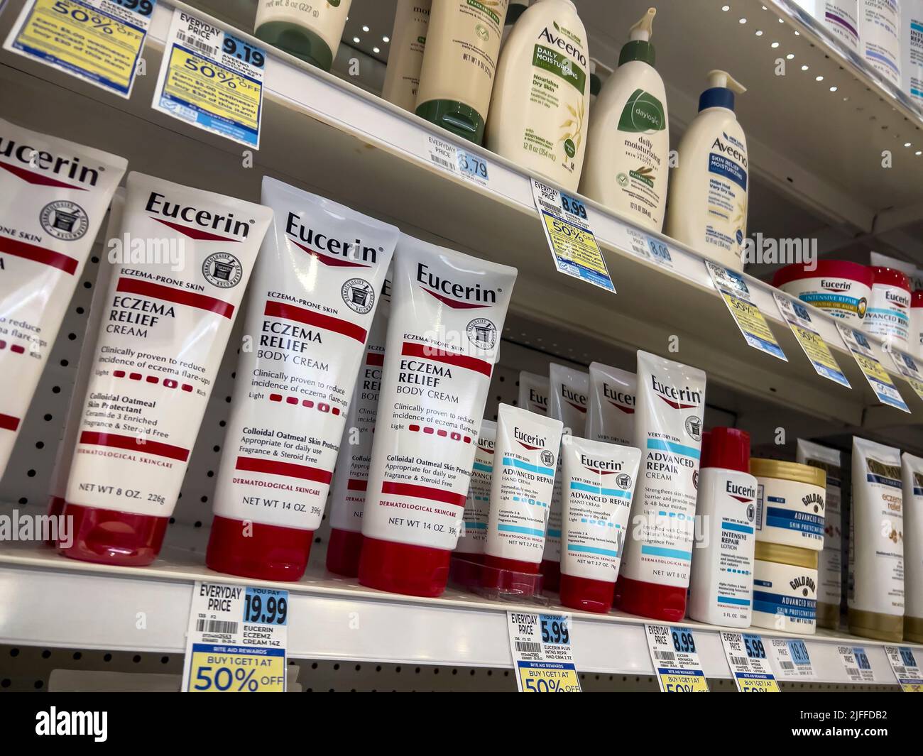 Seattle, WA USA - circa May 2022: Close up view of Eucerin body lotions ...