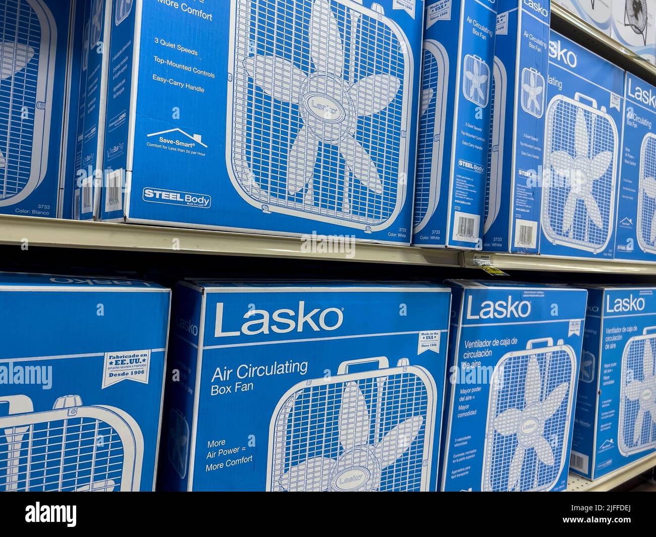 Everett, WA USA - circa June 2022: Close up view of box fans for sale ...