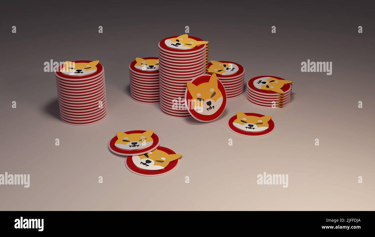 Shiba inu coins on dark background. 3D render Stock Photo - Alamy