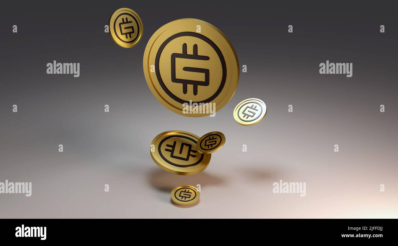 STPN. Green metaverse token. Golden coins with dark logo on dark ...