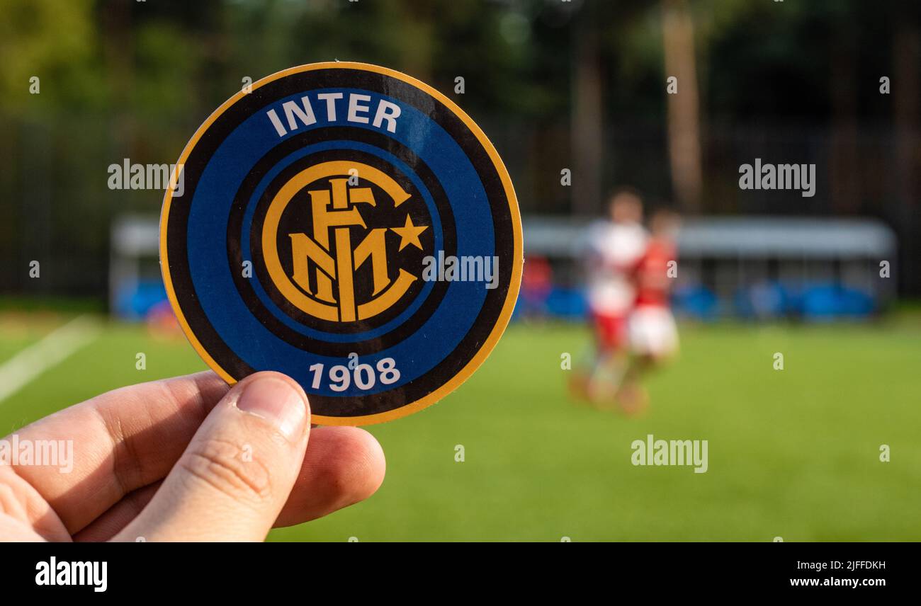 August 30, 2021, Moscow, Russia. The emblem of the football club Inter ...