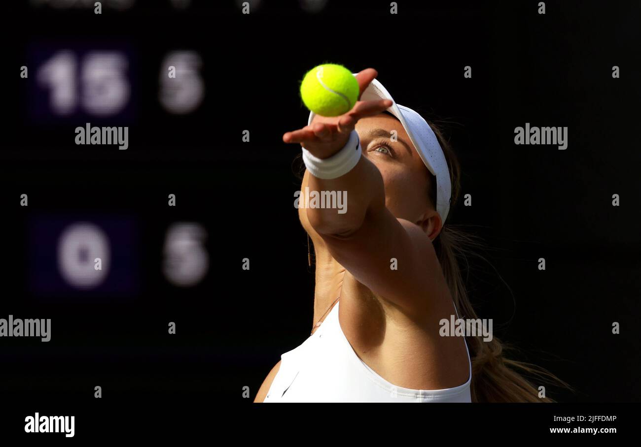 London. Number 4 seed Paula Badosa of, Spain. 2nd July, 2022. serving ...