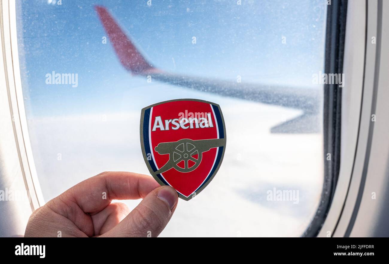 December 6, 2021. London, UK. The emblem of the Arsenal F.C. football ...
