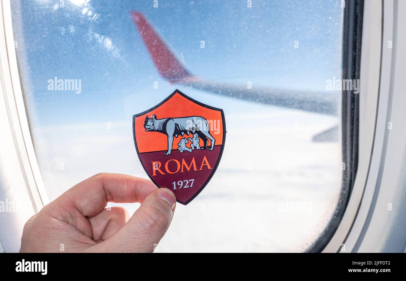 December 6, 2021. Rome, Italy. The emblem of the football club A.S ...