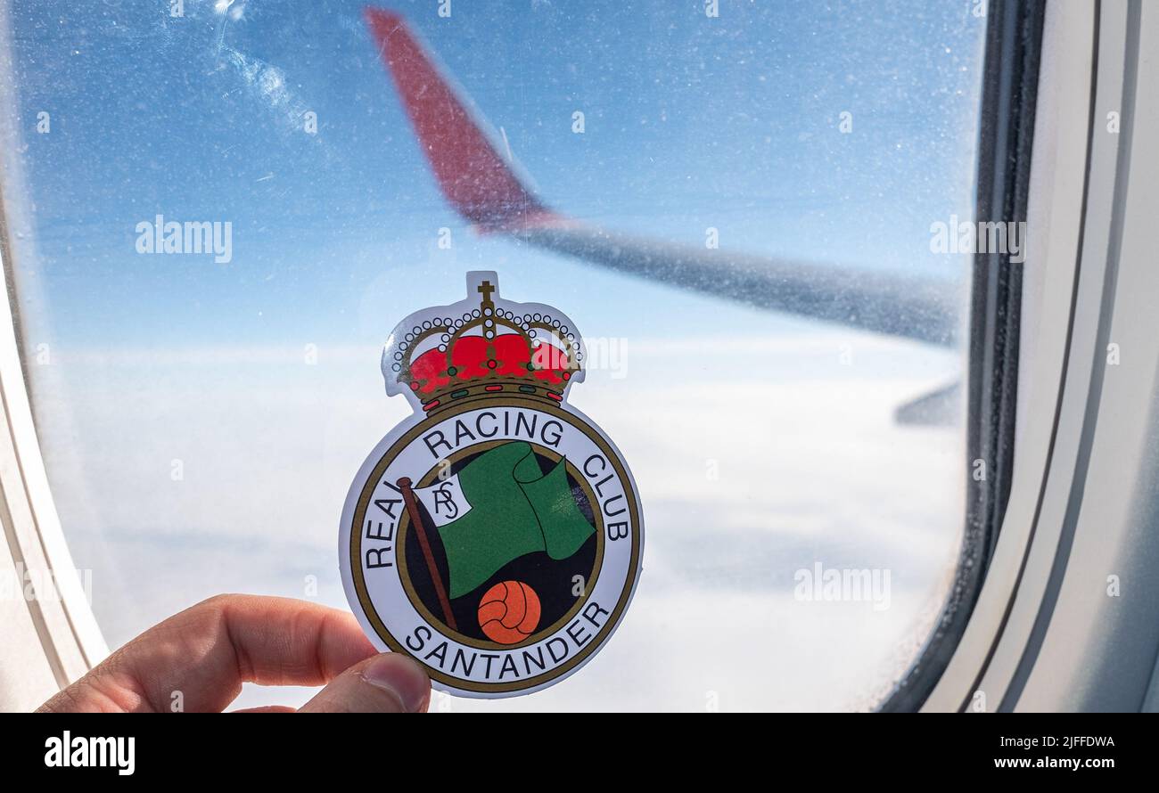 December 6, 2021. Santander, Spain. The emblem of the Racing de ...