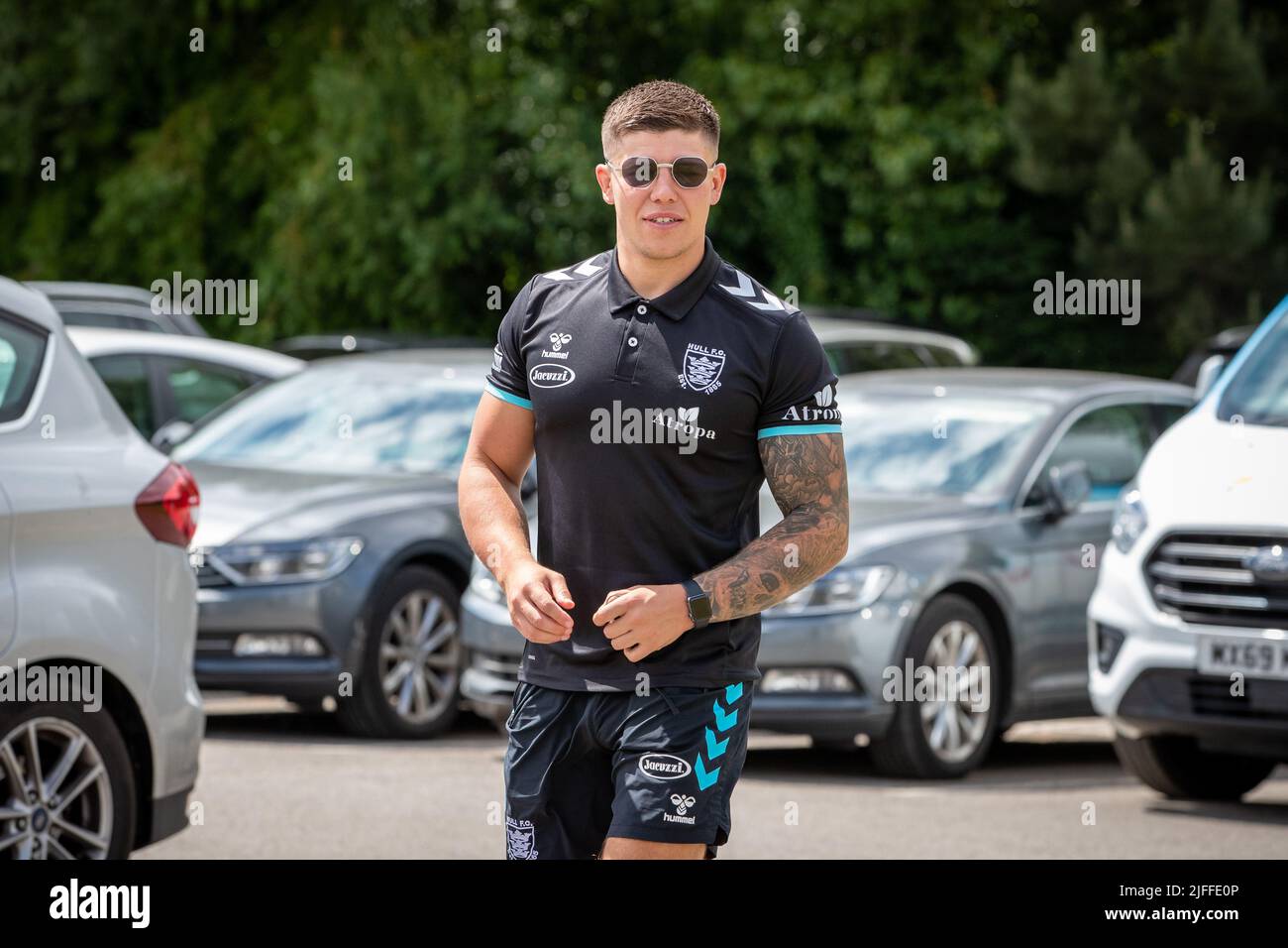 Joe Cator #15 of Hull FC arrives at The MKM Stadium ahead of today's ...