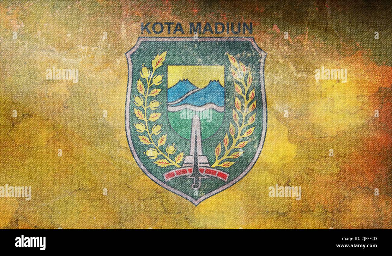 Top view of retro flag Madiun City Indonesia with grunge texture ...