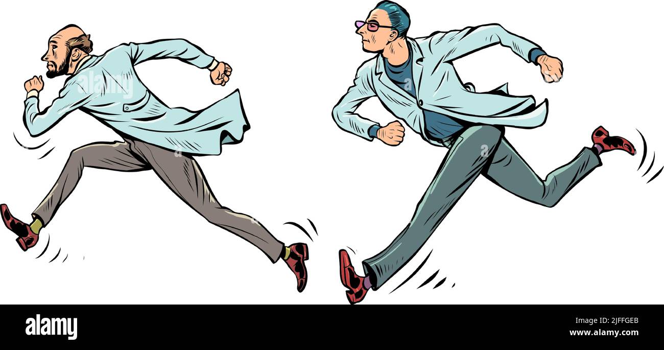 scientists run, scientific research. Doctors in white coats. Sports and ...