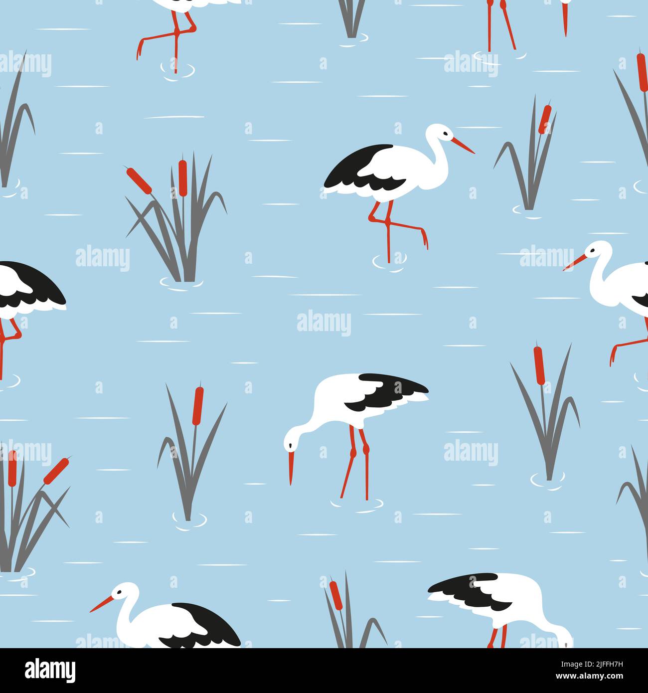 Seamless stork and reeds pattern. Vector swamp illustration Stock ...