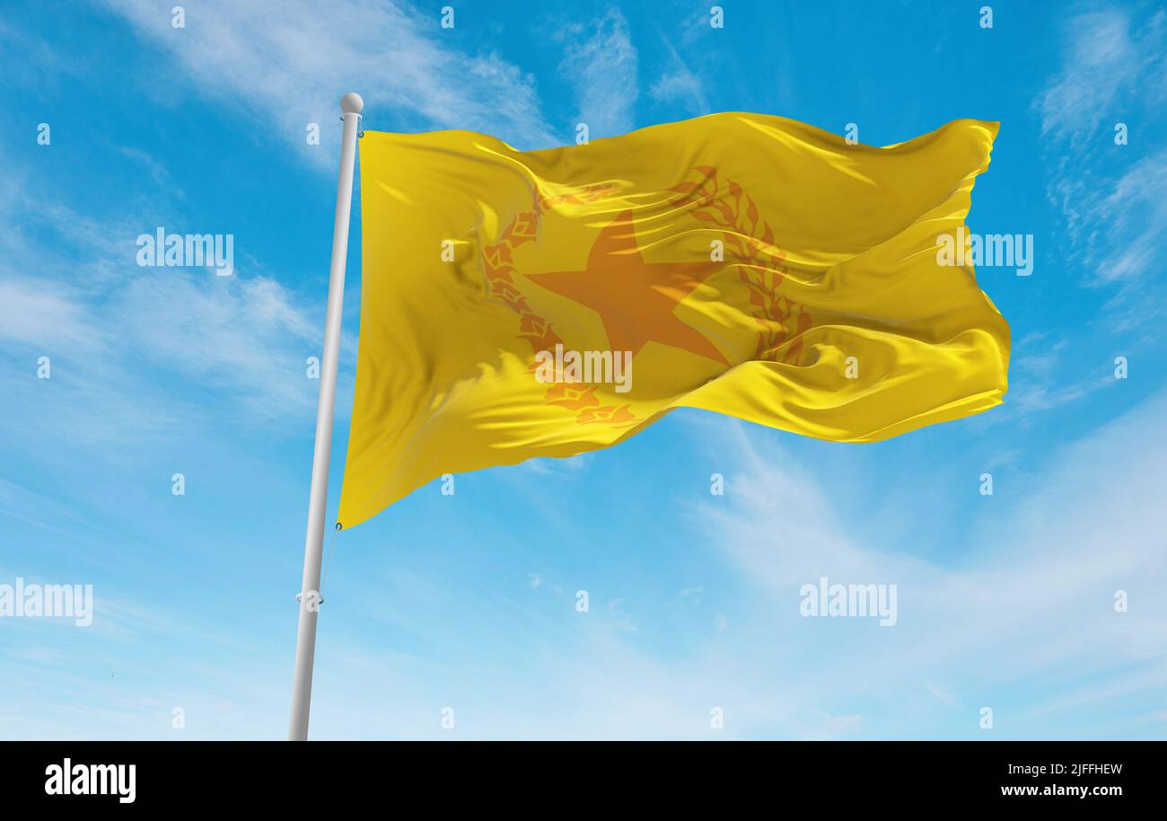 official flag of Presidential Standard Indonesia at cloudy sky background on sunset, panoramic ...