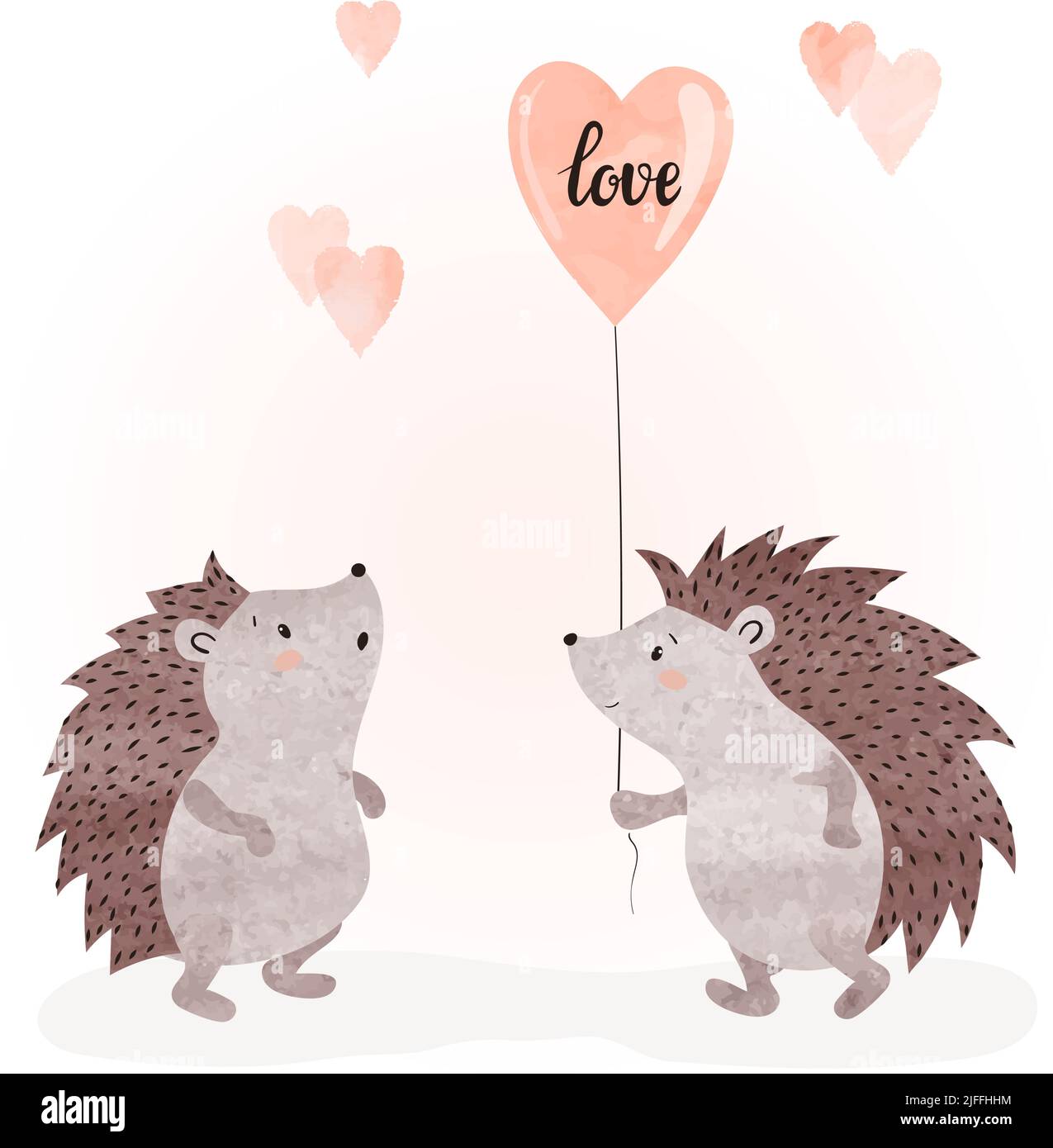 Valentines day card with cute watercolor hedgehogs in love with heart ...