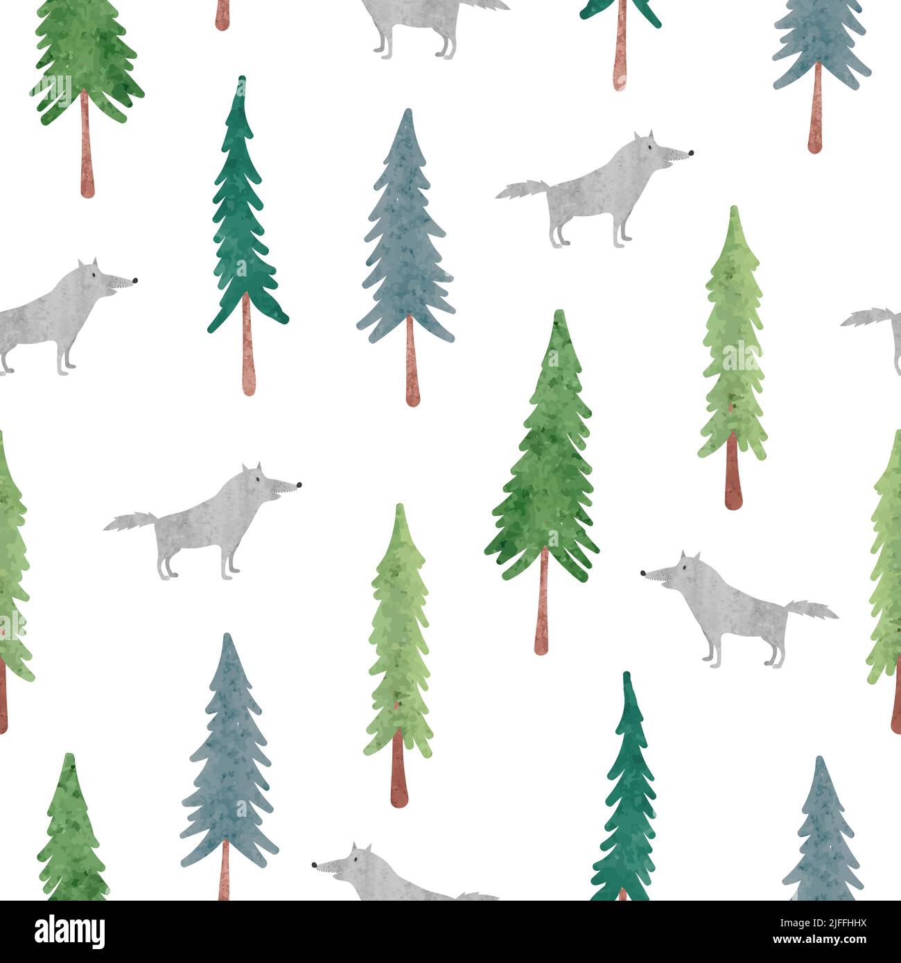 Seamless woodland pattern with wolf and fir trees. Vector childish ...