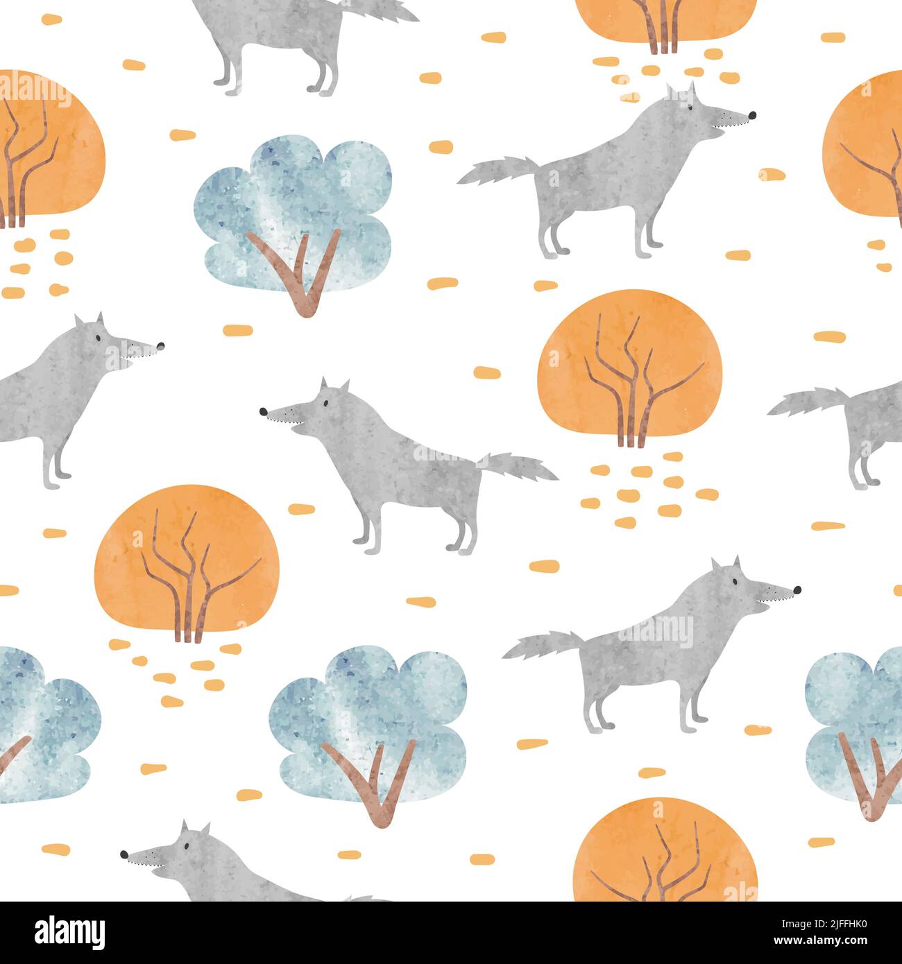Seamless cartoon woodland pattern with wolf and trees. Vector ...