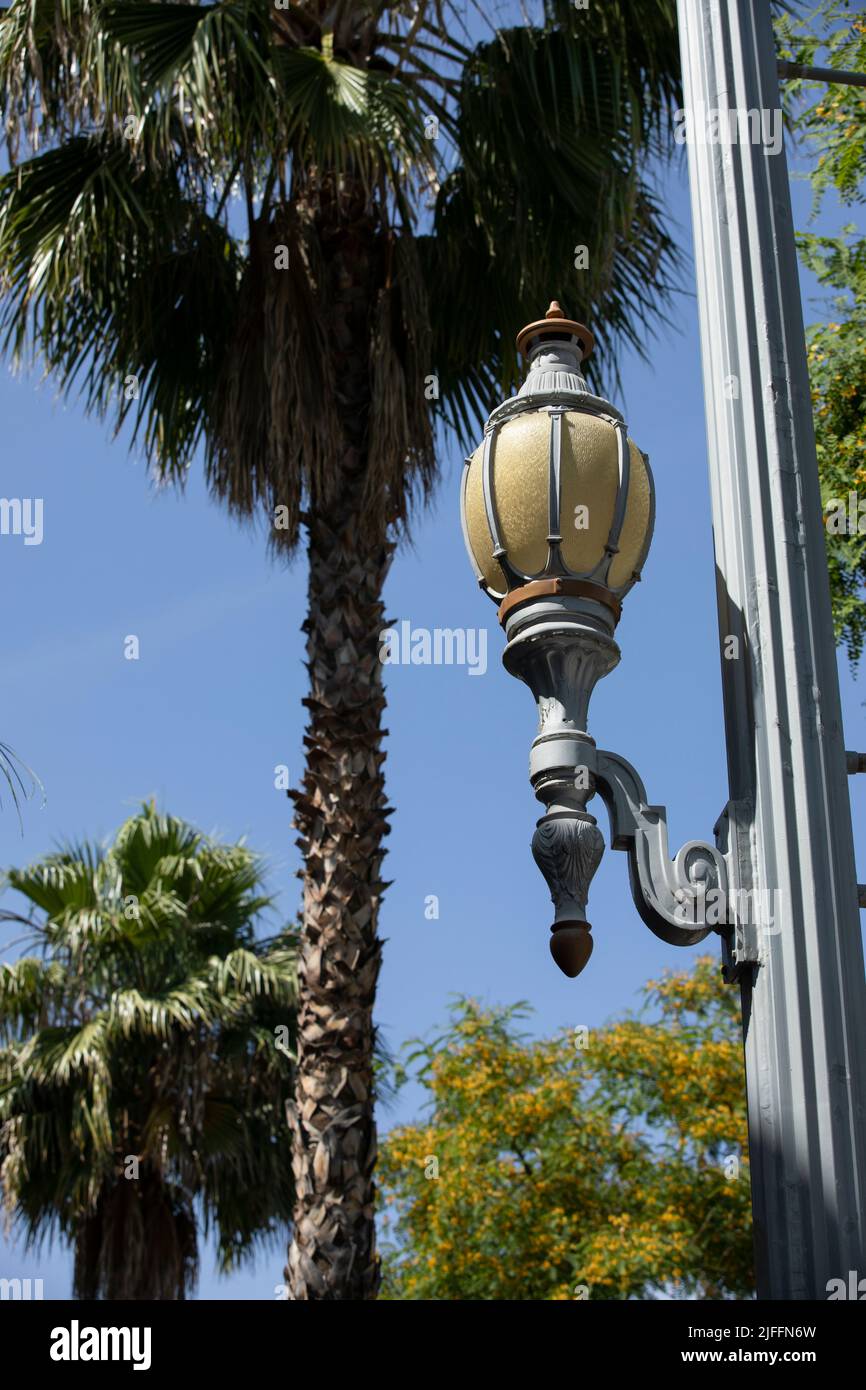 Historic street lights stand in downtown Perris, California, USA ...