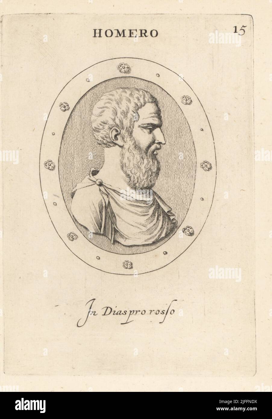 Bust of Greek poet Homer, author of the Odyssey and the Iliad. In red ...