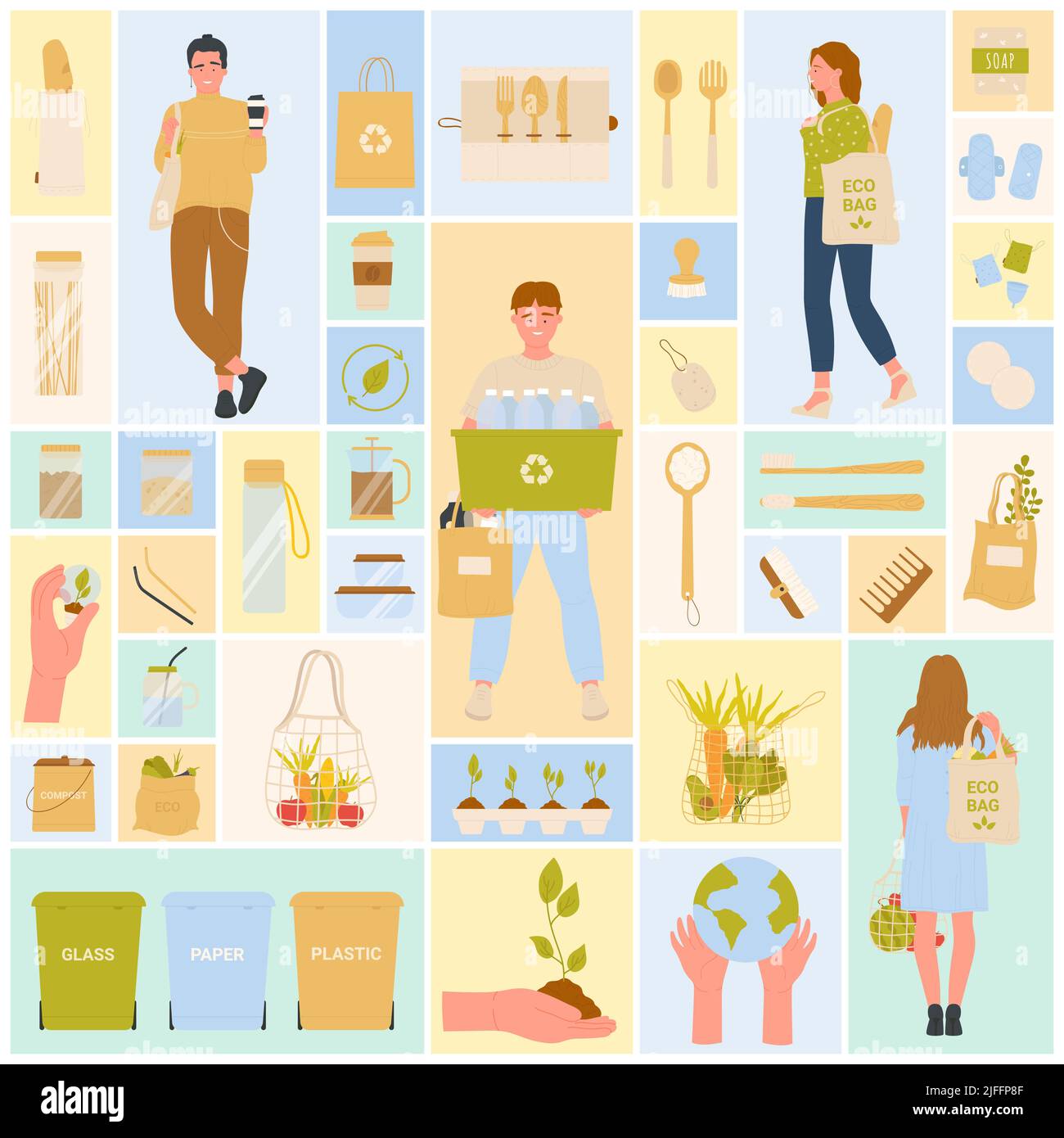 Zero waste lifestyle set vector illustration. Cartoon people sorting ...