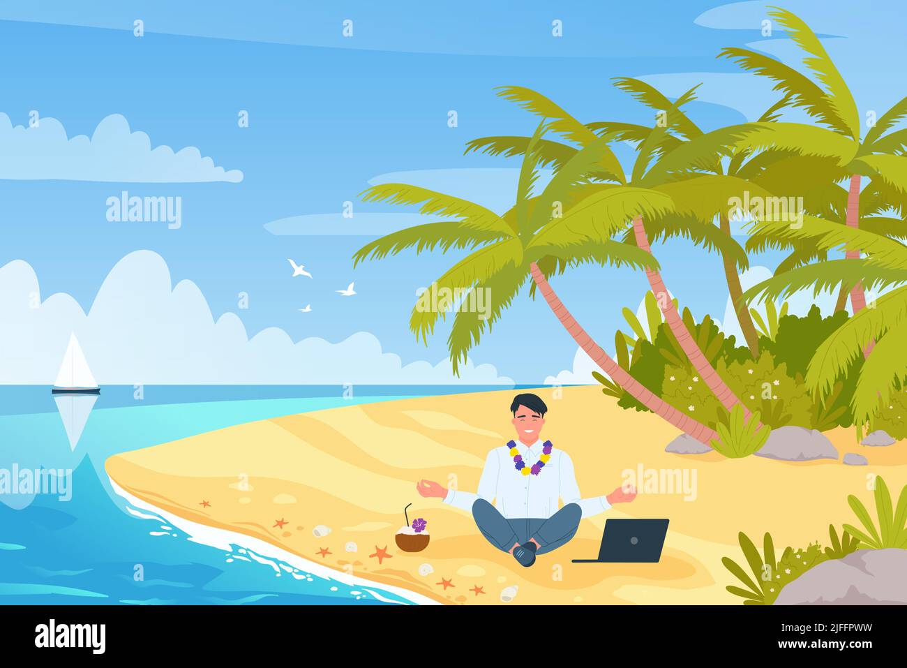 Cartoon young man in hat sitting with laptop at office desk among palm ...