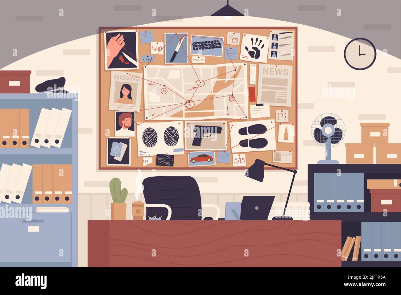 Police office interior with investigation board vector illustration ...