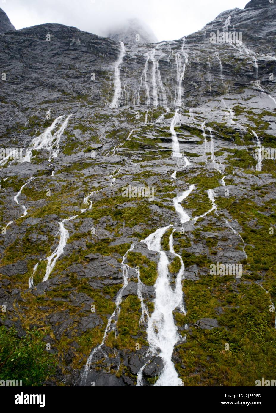 The Milford Sound waterfalls in New Zealand on a cloudy day Stock Photo ...
