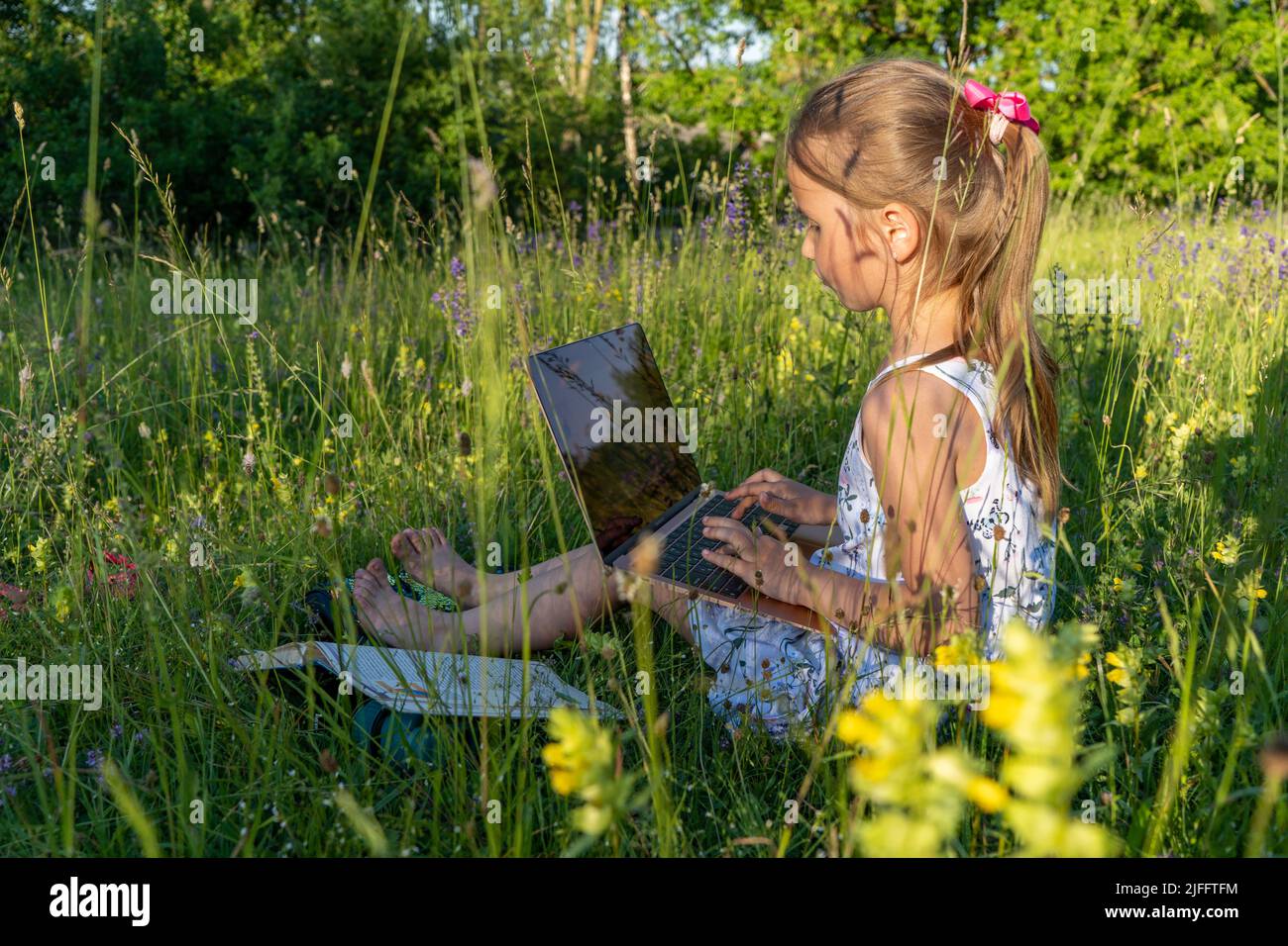 Little girl sitting on grass and using laptop. Education, lifestyle ...
