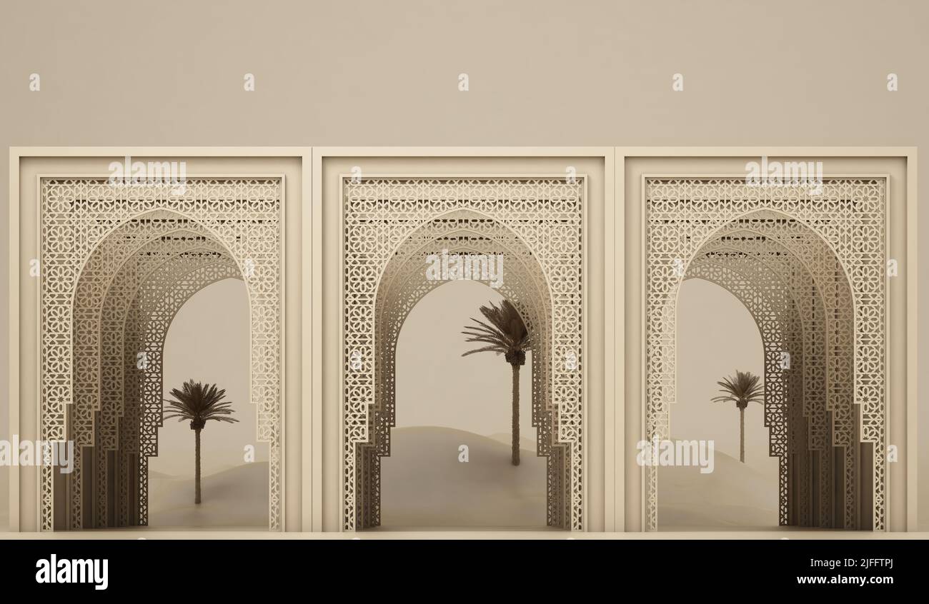 3d illustration of Islamic architecture, buildings with décor ornaments ...