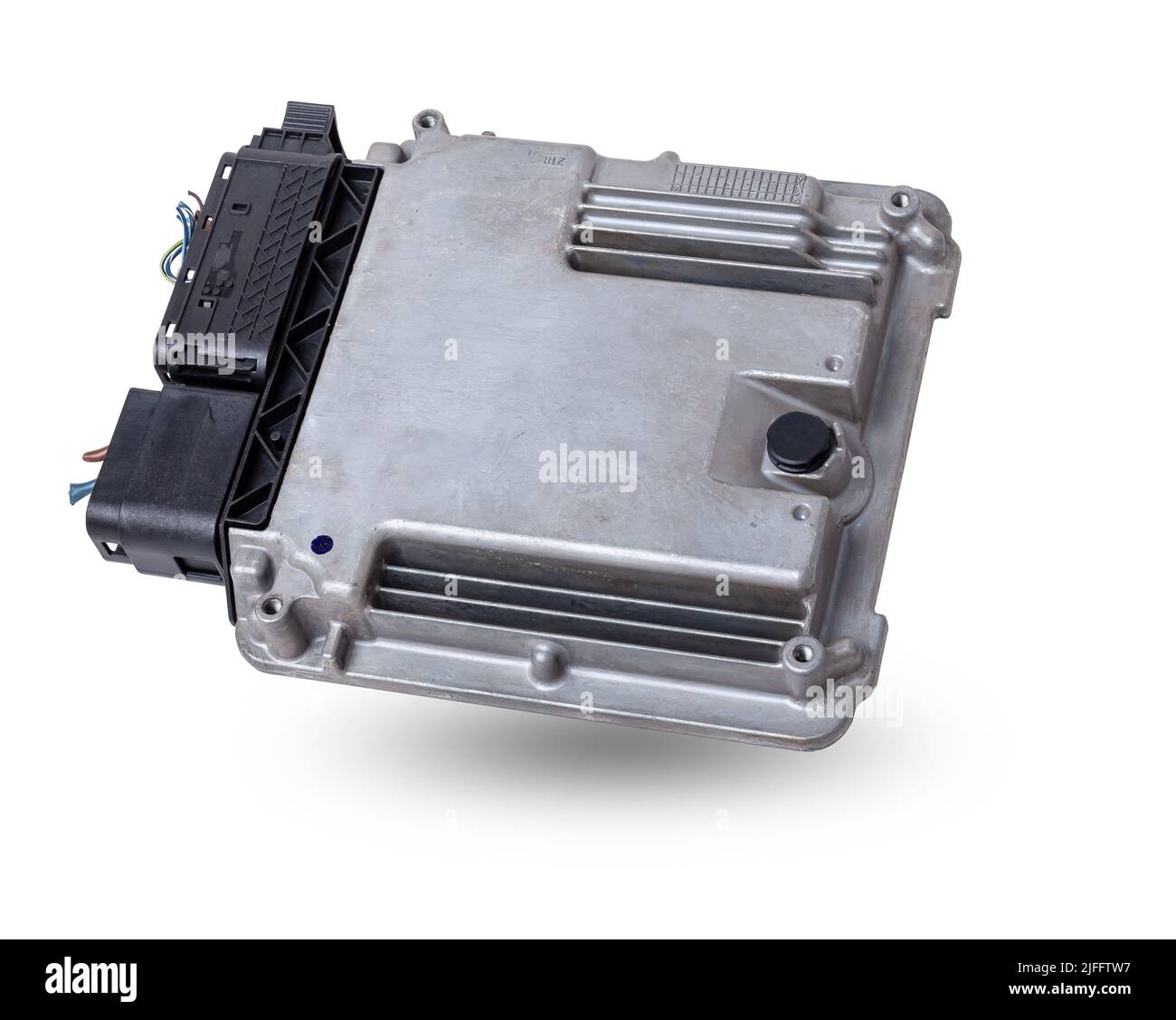 Plastic car engine control unit with metal elements on a white isolated ...