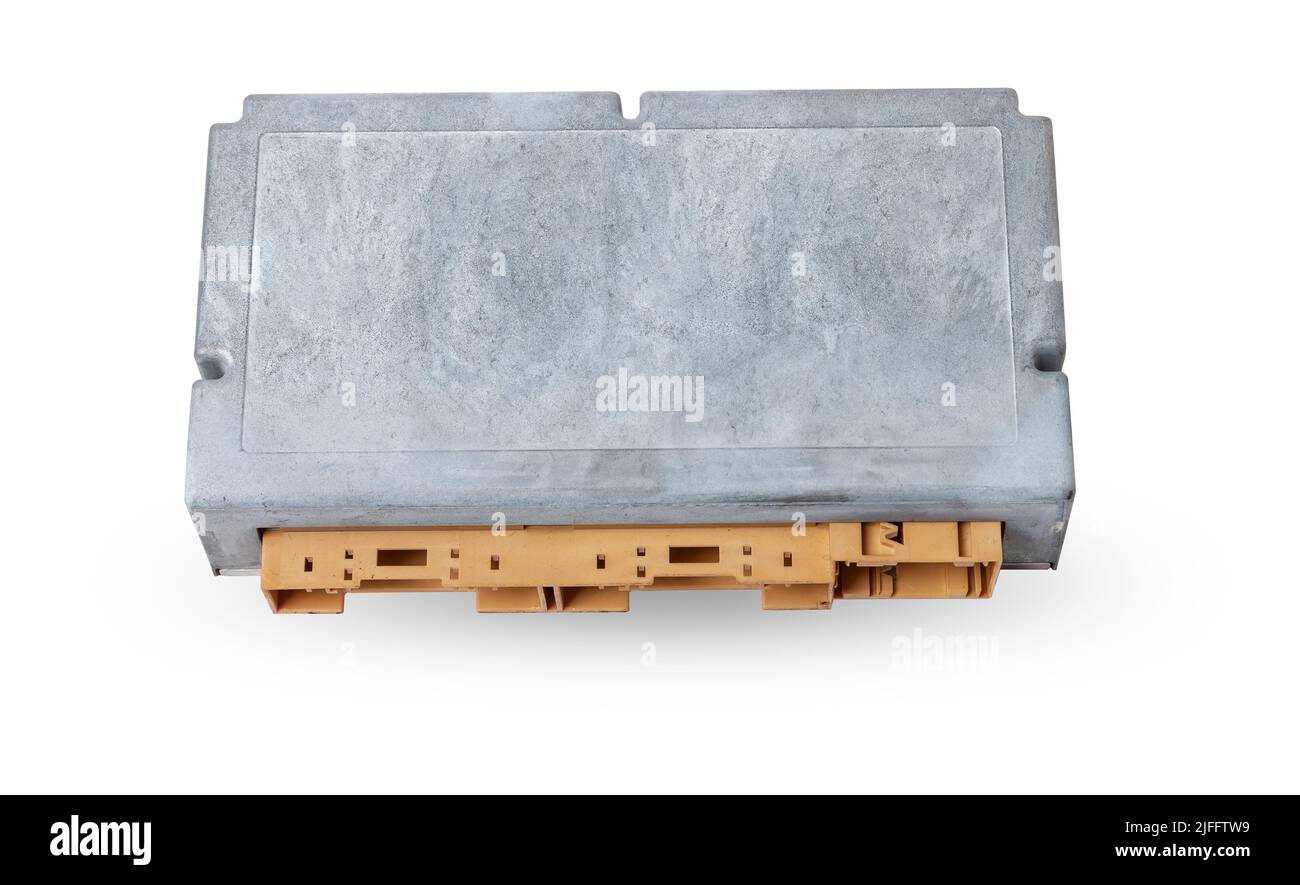 Plastic car engine control unit with metal elements on a white isolated ...