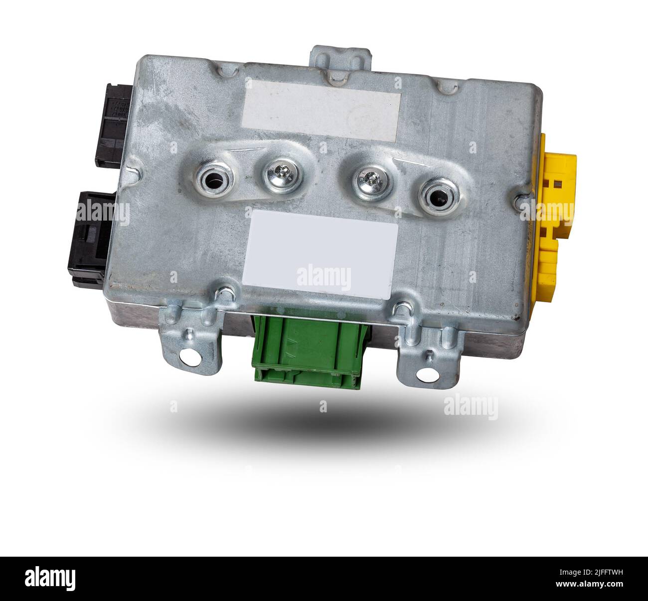 Plastic car engine control unit with metal elements on a white isolated ...