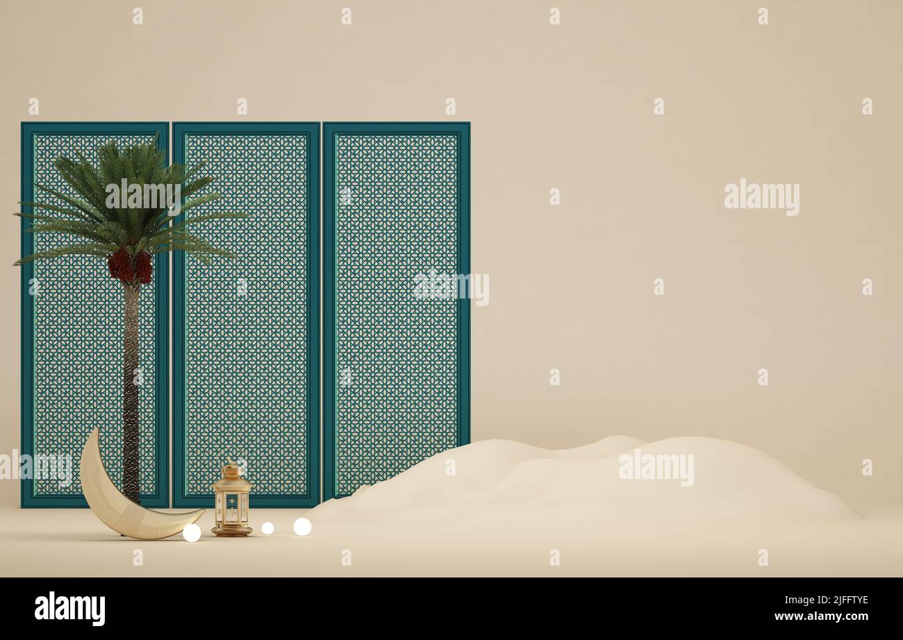 Lantern, moon, desert, and wall pattern with podium. 3d rendering of ...