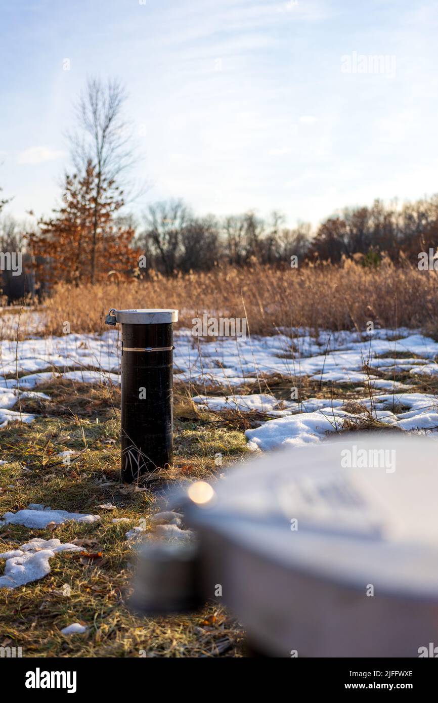 pipes sticking up throught the winter priaire Stock Photo - Alamy