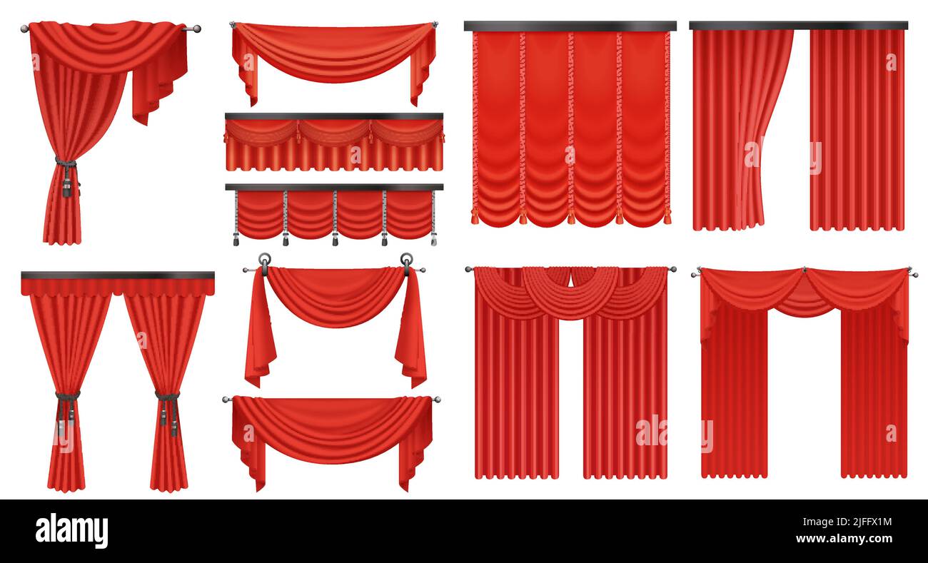 Red luxury curtains set vector illustration. Realistic 3d open and ...