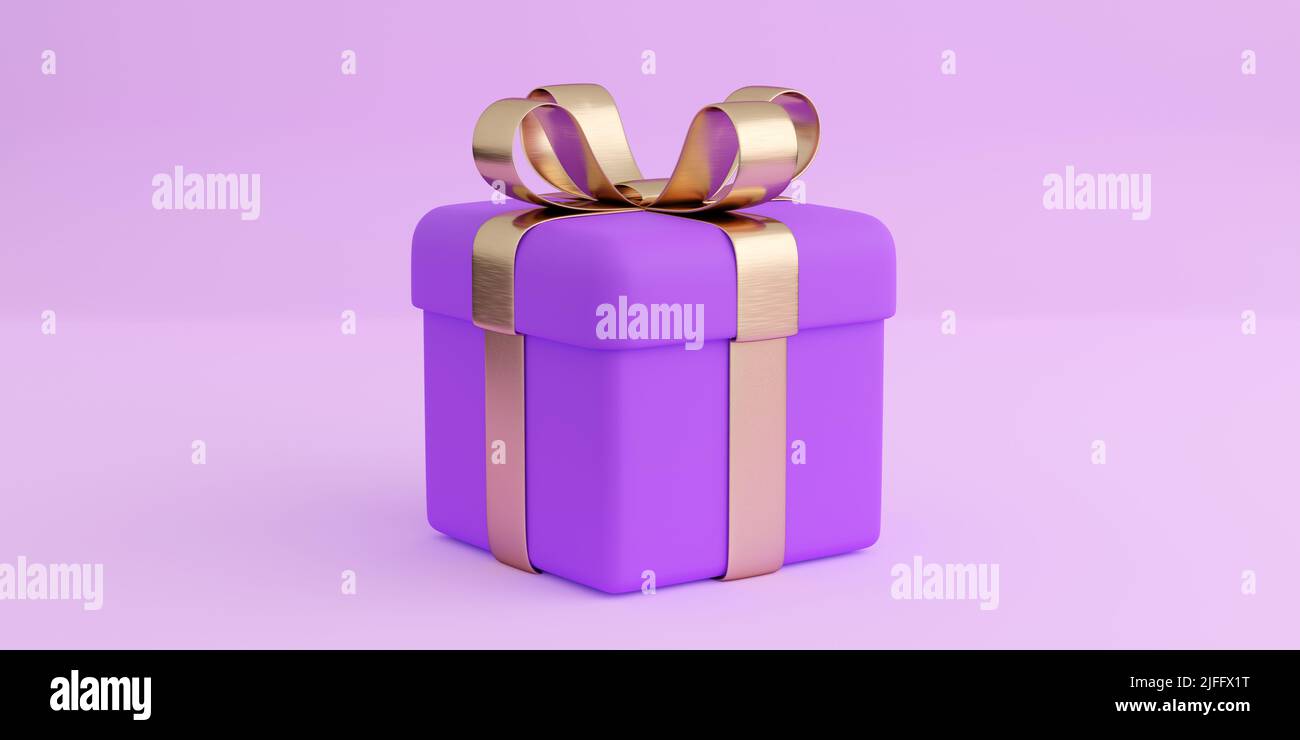 Realistic violet gift box with golden ribbon bow. Concept of abstract ...