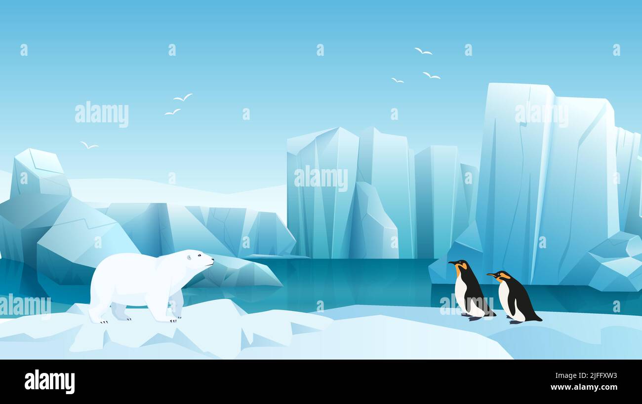 Arctic and Antarctic landscape with cute polar bear and penguins vector ...