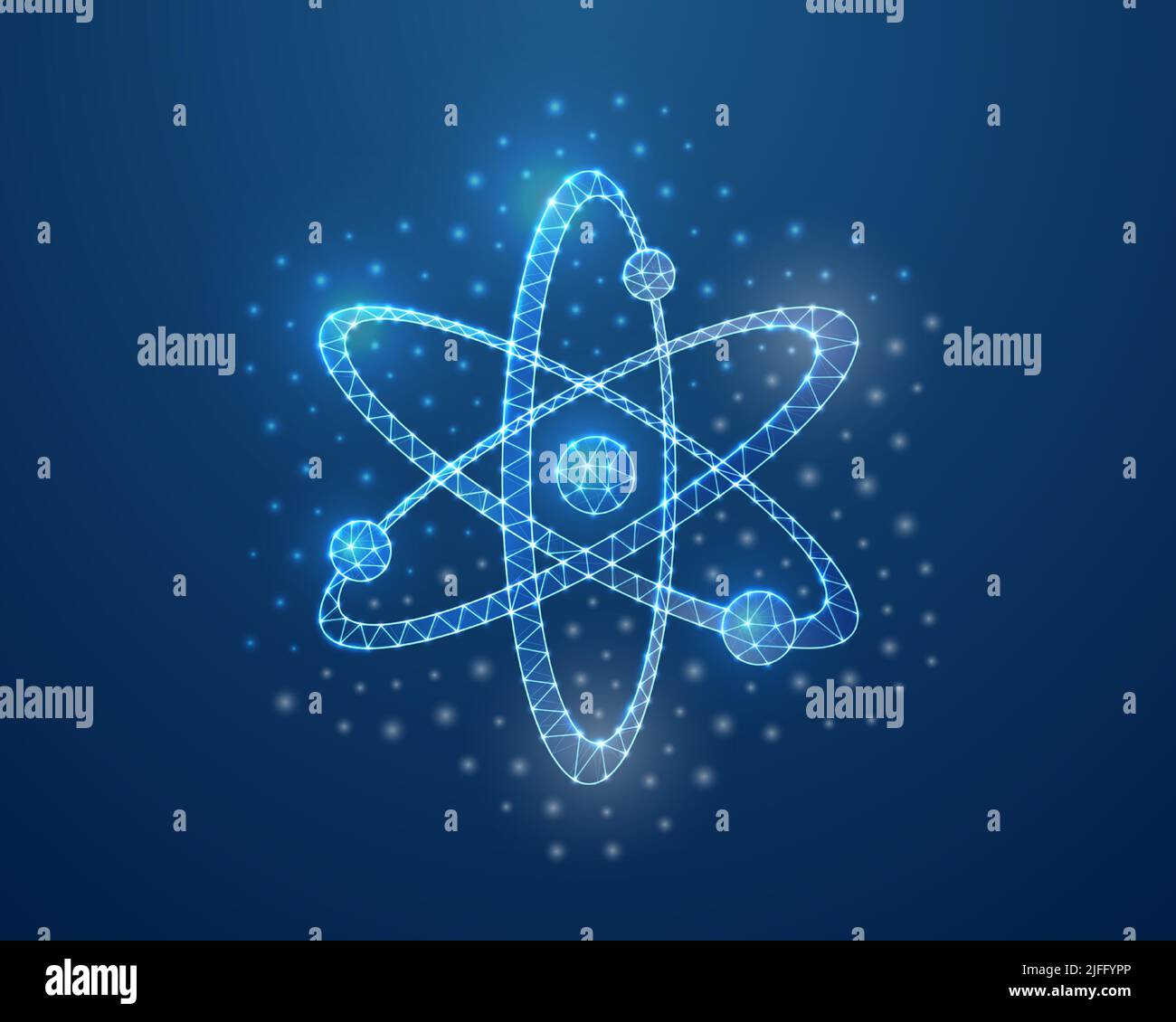 Atom 3d symbol in blue low poly style. Atomic neutron, nuclear design ...