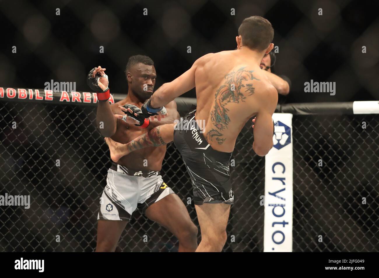 LAS VEGAS, NV - JULY 2: (R-L) Andre Muniz kicks Uriah Hall in their ...