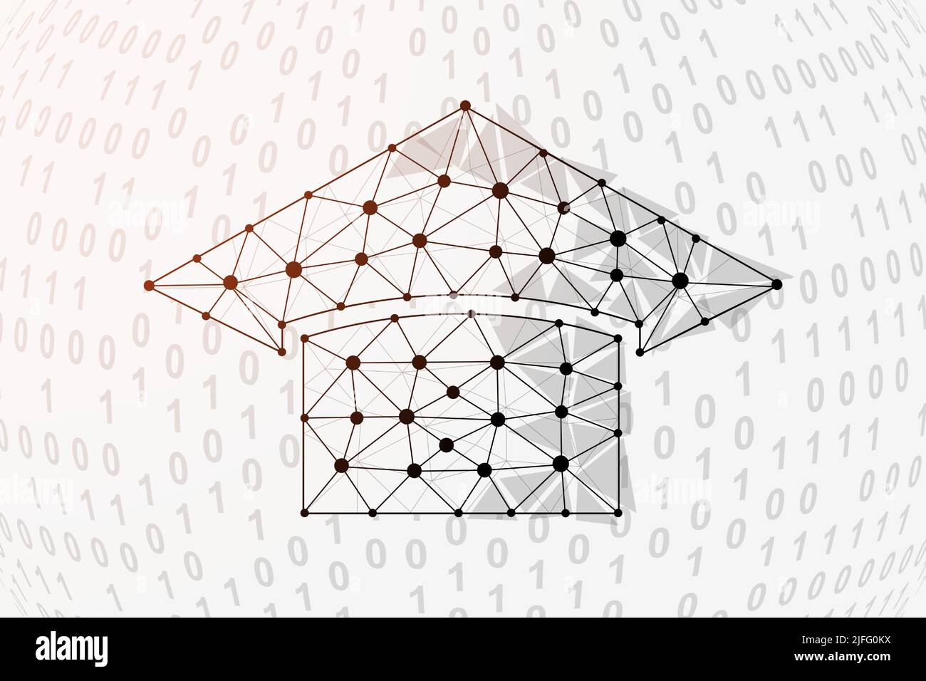 Graduation cap 3d low poly symbol with binary code background. E-learning design illustration ...