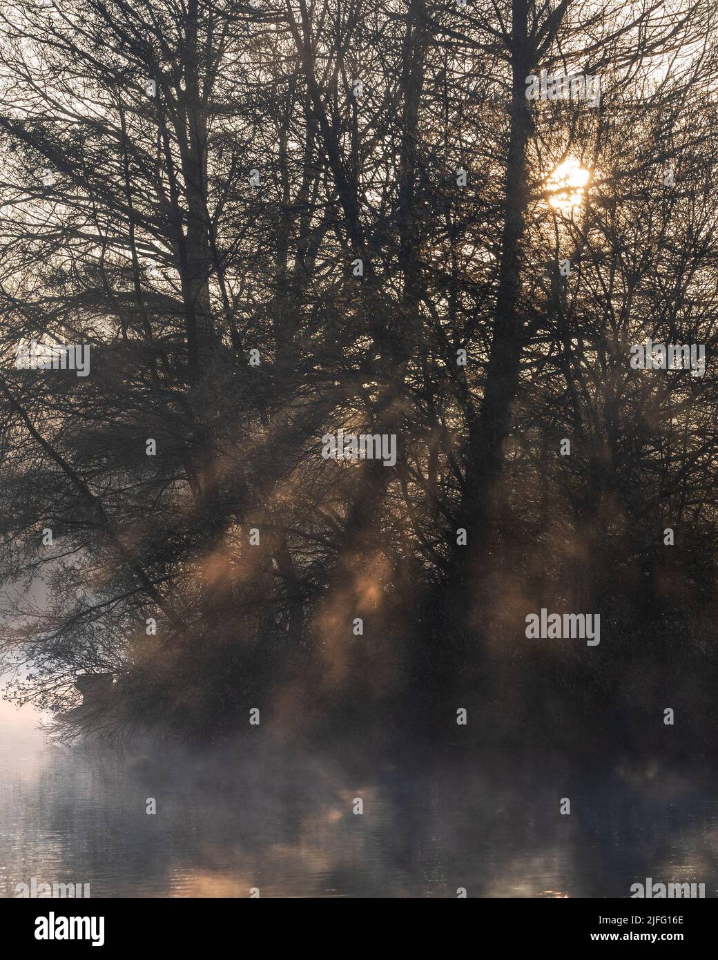Stunning landscape image of sunrise mist on urban lake with sun beams ...