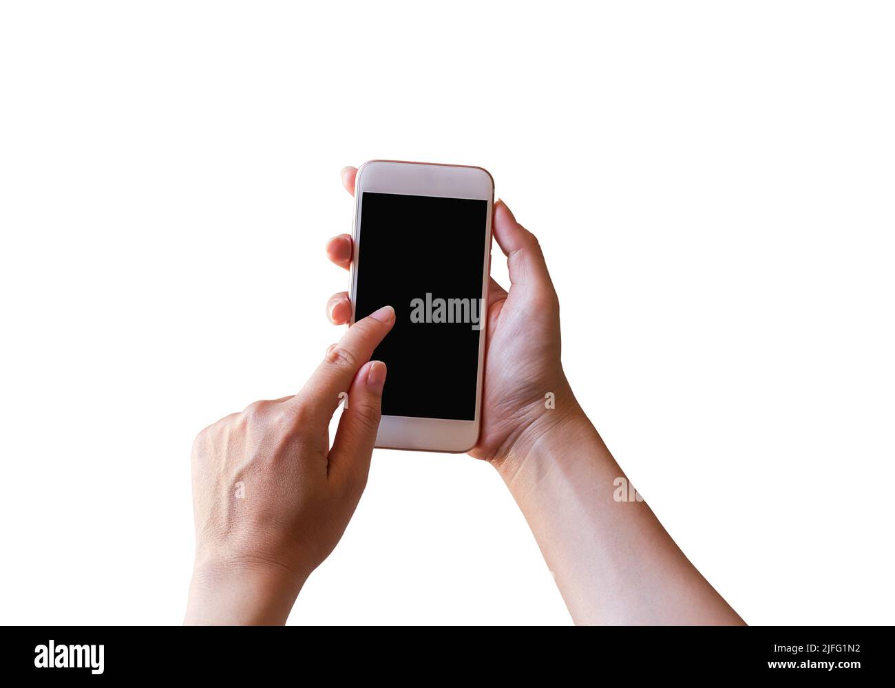 Hand touching phone mobile screen isolated on black, mock up smartphone ...