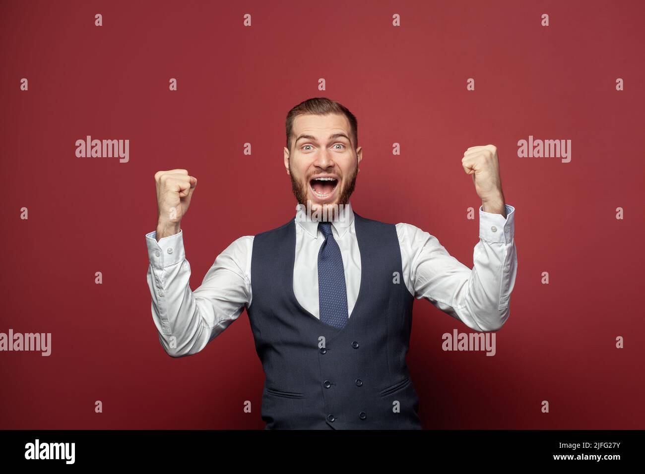 Happy excited businessman portrait. Guy winning, achieve prize or goal ...