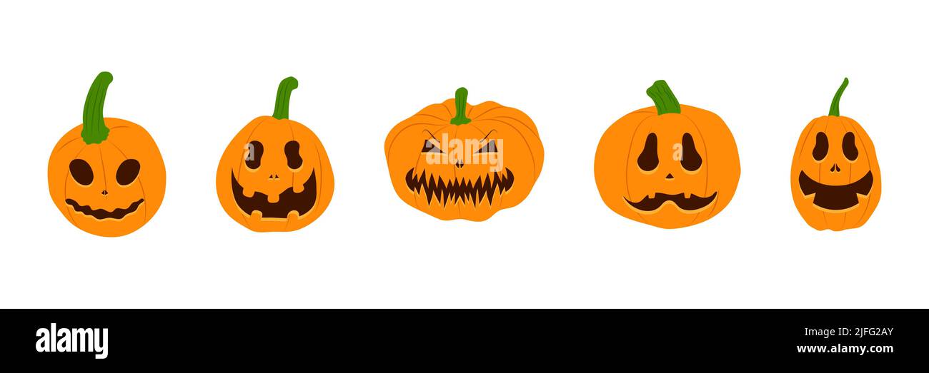 Set of Halloween pumpkins with scary smiling faces. Vector flat style ...