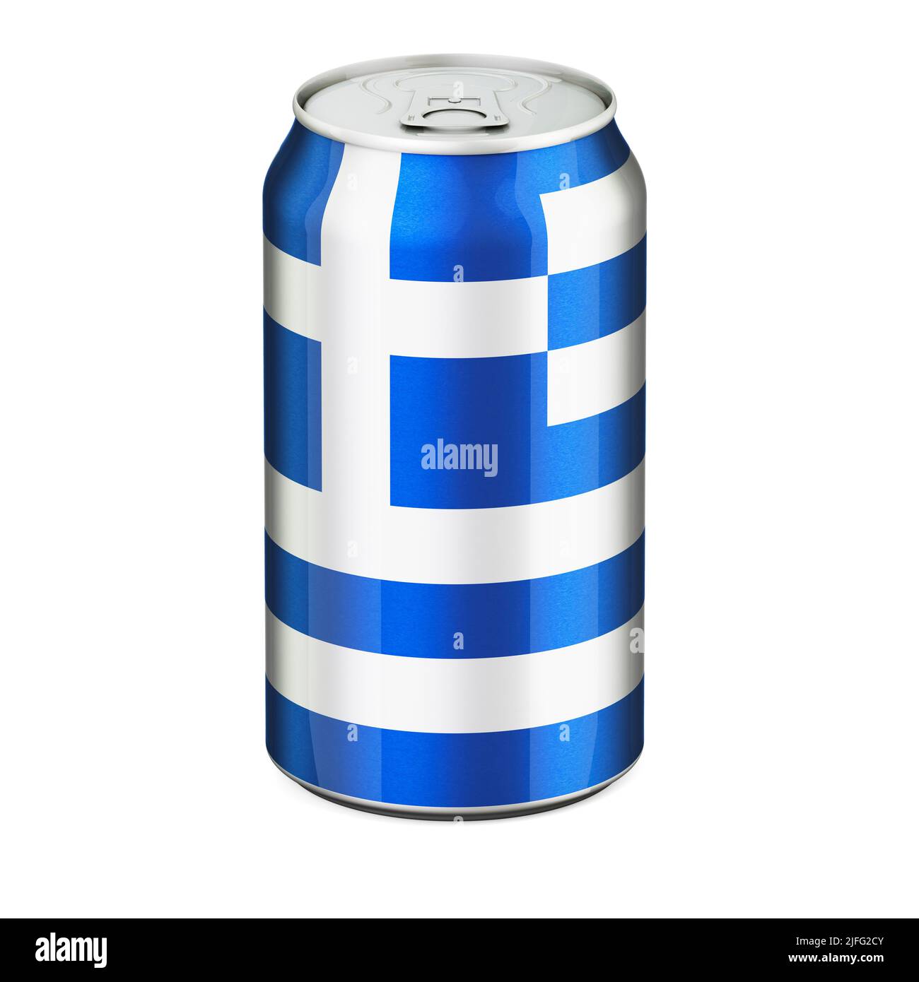 Greek flag painted on the drink metallic can. 3D rendering isolated on ...