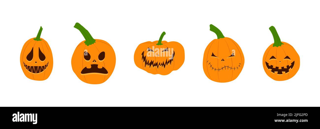 Set of Halloween pumpkins with scary smiling faces. Vector flat style ...