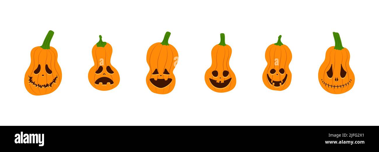 Set of Halloween pumpkins with scary smiling faces. Vector flat style ...